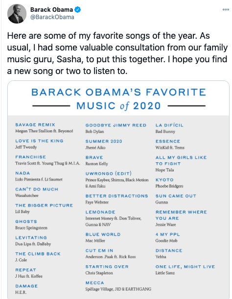 Barack Obama shares his favorite songs of 2020